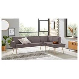 Eckbank exxpo - SOFA FASHION "Lungo, moderne Kedernaht, bequem und elegant, hoher Holzfuß" Sitzbänke Gr. B/H/T: 158cm x 84cm x 239cm, Veloursstoff, langer Schenkel links, grau (taupe) hochwertige Detailverarbeitung, frei im Raum stellbar