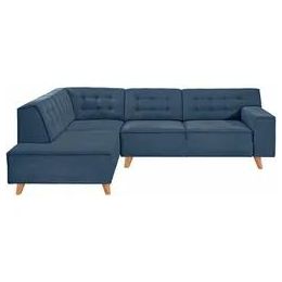 Ecksofa Tom Tailor HOME "NORDIC CHIC" Sofas Gr. B/H/T: 249cm x 77cm x 181cm, Samtstoff STC, Ottomane links, ohne Sitztiefenverstellung-ohne Nackenstütze, blau (ink blue stc 6) mit Ottomane, wahlweise Sitzvorzug, Füße Buche natur