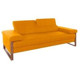 2,5-Sitzer W.Schillig "finn" Sofas Gr. B/H/T: 230cm x 71cm x 106cm, Stoff S37, mit Kopfteilverstellung-mit motorischer Sitztiefenverstellung, gelb (brandy s37) German Design Award 2016, Fußgestell Nussbaum natur, Breite 230 cm