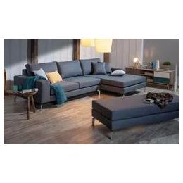 Ecksofa Max Winzer "Flori guter Sitzkomfort, aktuelles Design, eleganter Chromfuß" Sofas Gr. B/H/T: 294cm x 87cm x 175cm, Strukturwebstoff 16523, Recamiere rechts, blau (denim) mit Longchair links oder rechts, inklusive Zierkissen