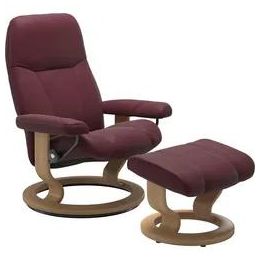 Relaxsessel stressless "Consul" Sessel Gr. Leder BATICK, Classic Base Eiche, PlusTMSystem-Gleitsystem-Relaxfunktion-Drehfunktion-Kopfstützenverstellung-Rückteilverstellung, B/H/T: 72cm x 94cm x 70cm, rot (bordeaux batick) mit Hocker, Classic Base, Größe S, Gestell Eiche