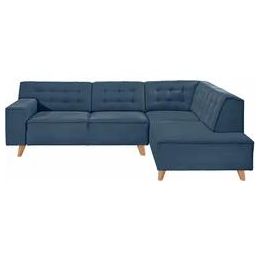 Ecksofa Tom Tailor HOME "NORDIC CHIC" Sofas Gr. B/H/T: 249cm x 77cm x 181cm, Samtstoff STC, Ottomane rechts, ohne Sitztiefenverstellung-ohne Nackenstütze, blau (ink blue stc 6) mit Ottomane, wahlweise Sitzvorzug, Füße Buche natur