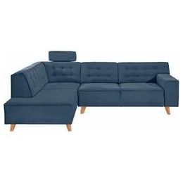 Ecksofa Tom Tailor HOME "NORDIC CHIC" Sofas Gr. B/H/T: 249cm x 77cm x 181cm, Samtstoff STC, Ottomane links, mit Sitztiefenverstellung-mit Nackenstütze, blau (ink blue stc 6) mit Ottomane, wahlweise Sitzvorzug, Füße Buche natur