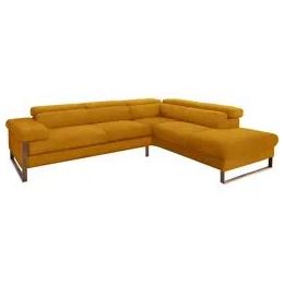 Ecksofa W.Schillig "finn" Sofas Gr. B/H/T: 281cm x 71cm x 230cm, Stoff S37, Ottomane rechts, ohne Kopfteilverstellung-ohne Sitztiefenverstellung, gelb (brandy s37) German Design Award 2016, Fußgestell Nussbaum natur, Breite 281 cm