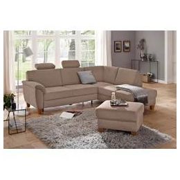 Ecksofa Home Affaire "Alta L-Form" Sofas Gr. B/H/T: 250cm x 89cm x 201cm, Struktur fein, Ottomane rechts, mit Bettfunktion-ohne Stauraum, beige (dunkelbeige) mit Federkern und Kontrastnaht, Füße Buche eichefarben