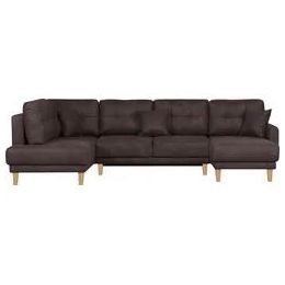 Wohnlandschaft Home Affaire "Triplo wahlweise mit Schlaffunktion, Steppung im Rückenkissen, U-Form" Sofas Gr. B/H/T: 310 cm x 90 cm x 192 cm, Luxus-Microfaser Vintageoptik, Recamiere rechts, mit Bettfunktion-mit Bettkasten, braun mit Steppung, auch Bettfunktion und Bettkasten, incl. 3 Zierkissen