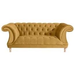 Chesterfield-Sofa Max Winzer "Isabelle" Sofas Gr. B/H/T: 200cm x 80cm x 100cm, Samtvelours 20442, gelb (mais) mit Knopfheftung & gedrechselten Füßen in Buche natur, Breite 200 cm