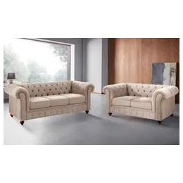 Sitzgruppe Home Affaire "Chesterfield" Sitzmöbel-Sets Gr. H/T: 74cm x 89cm, Luxus-Microfaser weich, beige (creme) hochwertige Knopfheftung, bestehend aus 2- und 3-Sitzer