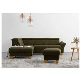 Ecksofa Home Affaire "Lindgren L-Form" Sofas Gr. B/H/T: 249 cm x 84 cm x 217 cm, Struktur, Ottomane links, mit Bettfunktion mit einklappbaren Rollen-mit Stauraum-mit Kopfteilverstellung-ohne TV-Funktion motorisch ohne Stauraum-ohne Federkern, grün (khaki) wahlweise mit TV-Funktion, Stauraum und Kopfteilverstellung