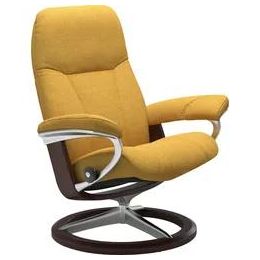 Relaxsessel stressless "Consul" Sessel Gr. ROHLEDER Stoff Q2 FARON, Signature Base Braun, BalanceAdaptTM-PlusTMSystem-Gleitsystem-Relaxfunktion-Drehfunktion-Kopfstützenverstellung-Rückteilverstellung, B/H/T: 78cm x 97cm x 70cm, gelb (yellow q2 faron) mit Signature Base, Größe S, Gestell Braun