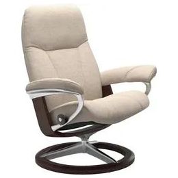 Relaxsessel stressless "Consul" Sessel Gr. ROHLEDER Stoff Q2 FARON, Signature Base Braun, BalanceAdaptTM-PlusTMSystem-Gleitsystem-Relaxfunktion-Drehfunktion-Kopfstützenverstellung-Rückteilverstellung, B/H/T: 91cm x 102cm x 79cm, beige (light q2 faron) mit Signature Base, Größe L, Gestell Braun