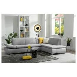 Ecksofa Max Winzer "Toulouse modern und bequem, aktuelles Design, hoher Sitzkomfort" Sofas Gr. B/H/T: 271 cm x 75 cm x 190 cm, Samtvelours, Ottomane rechts, grau (hellgrau) mit klappbaren Armlehnen, Breite 271 cm