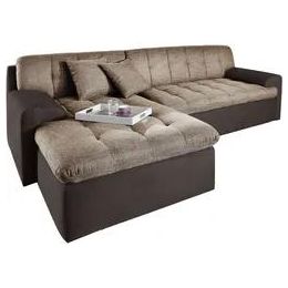 Ecksofa Trendmanufaktur "Rave, aufwendige Sitz und Rückenpolsterung, bequem,, L-Form" Sofas Gr. B/H/T: 245cm x 77cm x 90cm, Kunstleder SOFTLUX-Struktur, Recamiere links, ohne Bettfunktion, braun (braun, sand) wahlweise mit Bettfunktion