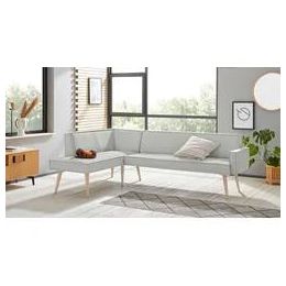 Eckbank exxpo - SOFA FASHION "Lungo, moderne Kedernaht, bequem und elegant, hoher Holzfuß" Sitzbänke Gr. B/H/T: 158cm x 84cm x 239cm, Veloursstoff, langer Schenkel rechts, beige (beige melange) hochwertige Detailverarbeitung, frei im Raum stellbar