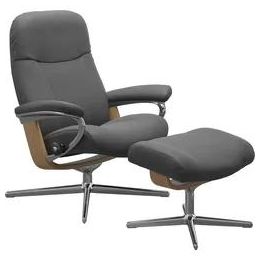 Relaxsessel stressless "Garda", grau (grau batick), B:91cm H:102cm T:79cm, Leder BATICK: BATICK ist ein leicht korrigiertes, durchgefärbtes und genarbtes Möbelleder, bei dem die meisten Unebenheiten und Spuren in der Regel entfernt wurden., Sessel, mit Cross Base, Größe M & L, Holzakzent Eiche