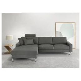 Ecksofa 3C Candy "Lecce, wahlweise PUR-Schaumstoff oder Tonnentaschenfederkern" Sofas Gr. B/H/T: 281 cm x 86 cm x 194 cm, Velours, Longchair links, Sitzaufbau mit Tonnentaschenfederkern, grau (steel) Bett im 2,5-Sitzer, teilmotorische Schlaffunktion Longchair, L-Form