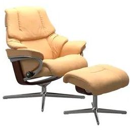 Relaxsessel stressless "Reno" Sessel Gr. Material Bezug, Material Gestell, Ausführung / Funktion, Maße B/H/T, gelb mit Hocker, Cross Base, Größe S, M & L, Holzakzent Braun