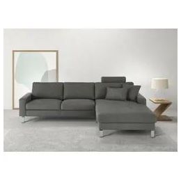 Ecksofa 3C Candy "Lecce, wahlweise PUR-Schaumstoff oder Tonnentaschenfederkern" Sofas Gr. B/H/T: 281cm x 86cm x 194cm, Velours, Longchair rechts, Sitzaufbau PUR-Schaumstoff, grau (steel) Bett im 2,5-Sitzer, teilmotorische Schlaffunktion Longchair, L-Form