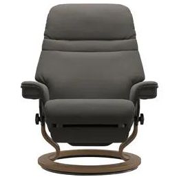 Relaxsessel stressless "Sunrise" Sessel Gr. Leder PALOMA, PowerTM Leg & Back-ohne Akku-Classic Base Eiche, Relaxfunktion-Drehfunktion-Integrierte Fußstütze-PlusTMSystem, B/H/T: 88cm x 103cm x 78cm, grau (metal grey paloma) elektrisch verstellbar, optional 2-motorisch, Größe M & L