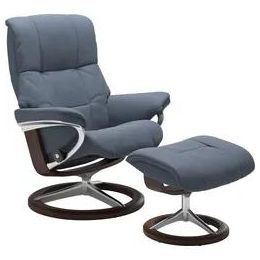 Relaxsessel stressless "Mayfair" Sessel Gr. Leder PALOMA, Signature Base Braun, Relaxfunktion-Drehfunktion-PlusTMSystem-Gleitsystem-BalanceAdaptTM, B/H/T: 92cm x 103cm x 79cm, blau (sparrow paloma) mit Hocker, Signature Base, Größe S, M & L, Gestell Braun