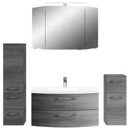 Badezimmer-Set SAPHIR "Cassca Sprint 4-teilig Mineralmarmor-Waschtisch mit LED-Spiegelschrank" Kastenmöbel-Sets Gr. B/H/T: 161 cm x 200 cm x 50,5 cm, 1 Mineralmarmor-Waschtisch weiß-1 Waschtischunterschrank mit 2 Auszügen-1 Spiegelschrank mit 3 Drehtüren-1 Aufsatzleuchte-1 Unterschrank mit 1 Drehtür, 1 Auszug-1 Midischrank mit 1 Drehtür, 2 Auszügen, grau (graphit struktur quer nachbildung) Midisch