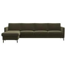 Ecksofa FLEXLUX "Fiore, L-Form" Sofas Gr. B/H/T: 280cm x 85cm x 159cm, Velvet, Chaiselongue links, grün (moss green) schmale Armlehnen, Kaltschaum, Füße Alu+schwarz