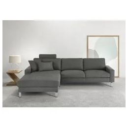 Ecksofa 3C Candy "Lecce, wahlweise PUR-Schaumstoff oder Tonnentaschenfederkern" Sofas Gr. B/H/T: 281cm x 86cm x 194cm, Velours, Longchair links, Sitzaufbau PUR-Schaumstoff, grau (steel) Bett im 2,5-Sitzer, teilmotorische Schlaffunktion Longchair, L-Form