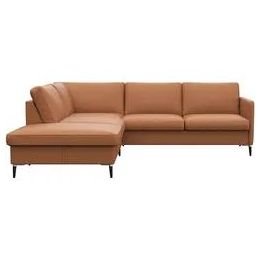 Ecksofa FLEXLUX "Fiore, L-Form" Sofas Gr. B/H/T: 234cm x 85cm x 225cm, Echtleder, Ottomane links, braun (modern cogna) schmale Armlehnen, Füße Aluschwarz, BT 234225cm, Kaltschaum im Sitz