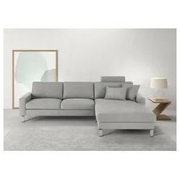 Ecksofa 3C Candy "Lecce, wahlweise PUR-Schaumstoff oder Tonnentaschenfederkern" Sofas Gr. B/H/T: 281cm x 86cm x 194cm, Velours, Longchair rechts, Sitzaufbau PUR-Schaumstoff, silberfarben (silber) Bett im 2,5-Sitzer, teilmotorische Schlaffunktion Longchair, L-Form