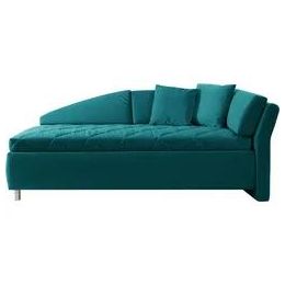 Schlafsofa Alina "Lindsay" Sofas Gr. B/H/T: 223cm x 80cm x 112cm, Samtstoff TSV, Armlehne rechts, Armlehne rechts, blau (ozeanblau tsv 3) Bettkasten, Zierkissen-Set aus: 2 Stk. 40x40cm, 1 30x30cm