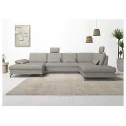 Wohnlandschaft Places of Style "Costello U-Form" Sofas Gr. B/H/T: 363cm x 89cm x 223cm, NaturLEDER, Recamiere links, ohne Bettfunktion-ohne Stauraum-Rücken Leder, grau (hellgrau) incl. Sitztiefenverstellung und Armlehnfunktion, 3 Nierenkissen