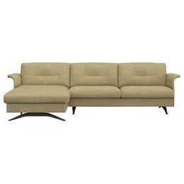 Ecksofa FLEXLUX "Glow, super bequem durch hochwertigem Sitzaufbau mit Federkern, L-Form" Sofas Gr. B/H/T: 273cm x 81cm x 158cm, Bouclé, Chaiselongue links, Armlehne Furnier: Walnuss, gelb (mustard yellow) Modernes skandinavisches Design