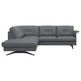 Ecksofa FLEXLUX "Glow, super bequem durch hochwertigem Sitzaufbau mit Federkern, L-Form" Sofas Gr. B/H/T: 236cm x 81cm x 224cm, Bouclé, Ottomane links, Armlehnen in Walnuss, blau (navy blau) Modernes skandinavisches Design