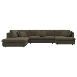 Wohnlandschaft FLEXLUX "Lovane, u-Form, bequem und komfortabel" Sofas Gr. B/H/T: 399 cm x 84 cm x 272 cm, Lederoptik, langer Schenkel links, braun (camel brown) Weich & anschmiegsam, große Sitztiefe auf Kaltschaum, Dekokissen inkl.