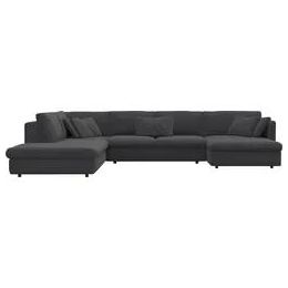 Wohnlandschaft FLEXLUX "Lovane, u-Form, bequem und komfortabel" Sofas Gr. B/H/T: 399cm x 84cm x 272cm, Lederoptik, langer Schenkel links, grau (shark grey) Weich & anschmiegsam, große Sitztiefe auf Kaltschaum, Dekokissen inkl.