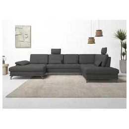 Wohnlandschaft Places of Style "Costello U-Form" Sofas Gr. B/H/T: 363 cm x 89 cm x 223 cm, NaturLEDER, Recamiere links, ohne Bettfunktion-ohne Stauraum-Rücken Leder, braun (mokka) incl. Sitztiefenverstellung und Armlehnfunktion, 3 Nierenkissen