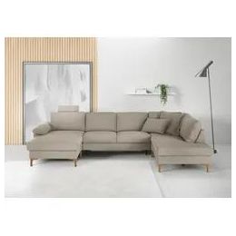 Wohnlandschaft 3C Candy "Lecce, wahlweise PUR-Schaumstoff oder Tonnentaschenfederkern U-Form" Sofas Gr. B/H/T: 339cm x 86cm x 220cm, Feincord, Longchair links, Sitzaufbau PUR-Schaumstoff, gelb Bettkasten in Umbauecke und Longchair, sowie Querschläfer im 2-Sitzer