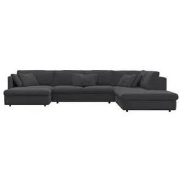 Wohnlandschaft FLEXLUX "Lovane, u-Form, bequem und komfortabel" Sofas Gr. B/H/T: 399cm x 84cm x 272cm, Lederoptik, langer Schenkel rechts, grau (shark grey) Weich & anschmiegsam, große Sitztiefe auf Kaltschaum, Dekokissen inkl.