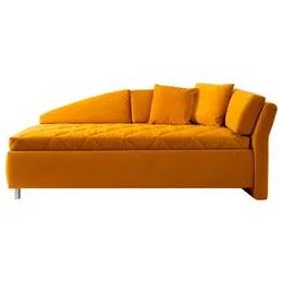 Schlafsofa Alina "Lindsay" Sofas Gr. B/H/T: 223cm x 80cm x 112cm, Samtstoff TSV, Armlehne rechts, Armlehne rechts, gelb (ocker tsv 5) Bettkasten, Zierkissen-Set aus: 2 Stk. 40x40cm, 1 30x30cm