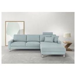 Ecksofa 3C Candy "Lecce, wahlweise PUR-Schaumstoff oder Tonnentaschenfederkern" Sofas Gr. B/H/T: 281 cm x 86 cm x 194 cm, Velours, Longchair rechts, Sitzaufbau PUR-Schaumstoff, blau (hellblau) Bett im 2,5-Sitzer, teilmotorische Schlaffunktion Longchair, L-Form