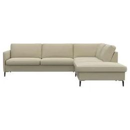 Ecksofa FLEXLUX "Fiore, super Sitzkomfort durch Kaltschaum im Sitz, L-Form" Sofas Gr. B/H/T: 266cm x 85cm x 225cm, Chenille, Ottomane rechts, beige (sandy beige) schmale Armlehnen, Füße Alu+schwarz