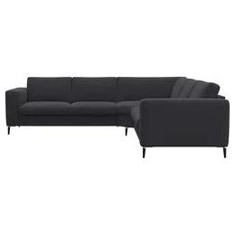 Ecksofa FLEXLUX "Fiore, gleichschenklig, super Sitzkomfort durch Kaltschaum im Sitz" Sofas Gr. B/H/T: 257cm x 85cm x 92cm, Lederoptik, Schenkel links, schwarz (gorilla blac) breite Armlehnen, Füße Alu+schwarz