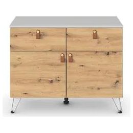 Vertiko Rauch "Homey by Aditio" Sideboards Gr. B/H/T: 93 cm x 73 cm x 43 cm, 2 St., grau (seidengrau, eiche artisan) mit Grifflaschen in Leder, 2 Schubladen Softclose-Funktion