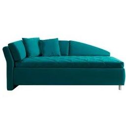 Schlafsofa Alina "Lindsay" Sofas Gr. B/H/T: 223cm x 80cm x 112cm, Samtstoff TSV, Armlehne links, Armlehne links, blau (ozeanblau tsv 3) Bettkasten, Zierkissen-Set aus: 2 Stk. 40x40cm, 1 30x30cm