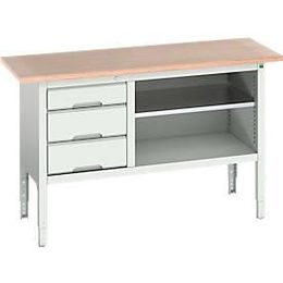 Kastenwerkbank Bott verso, Multiplex-Platte, 3 Schubladen & 1 Ablageboden, B 1500 x T 600 x H 830 - 930 mm, RAL 7035 Lichtgrau
