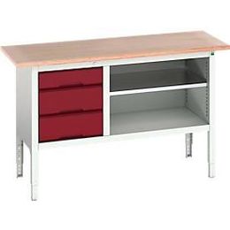 Kastenwerkbank Bott verso, Multiplex-Platte, 3 Schubladen & 1 Ablageboden, B 1500 x T 600 x H 830 - 930 mm, RAL 7035 Lichtgrau / Purpurrot