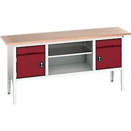 Kastenwerkbank Bott verso, Multiplex-Platte, 2 Schubladen, 2 Türen, 1 Ablageboden, B 2000 x T 600 x H 830 - 930 mm, Lichtgrau / Purpurrot