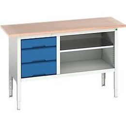 Kastenwerkbank Bott verso, Multiplex-Platte, 3 Schubladen & 1 Ablageboden, B 1500 x T 600 x H 830 - 930 mm, RAL 7035 Lichtgrau / Enzianblau