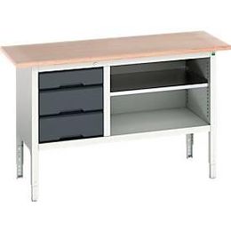 Kastenwerkbank Bott verso, Multiplex-Platte, 3 Schubladen & 1 Ablageboden, B 1500 x T 600 x H 830 - 930 mm, RAL 7035 Lichtgrau / Anthrazitgrau