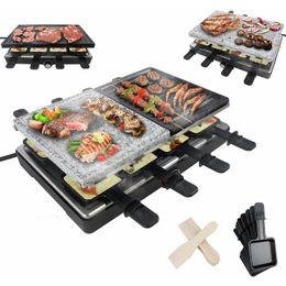 1400W Raclette 8 Personen Edelstahl Grill Elektrisch Grillpfanne Set inkl. 8 Pfännchen & Holzspachtel, 2 Granitplatten, 2 Antihaftplatten